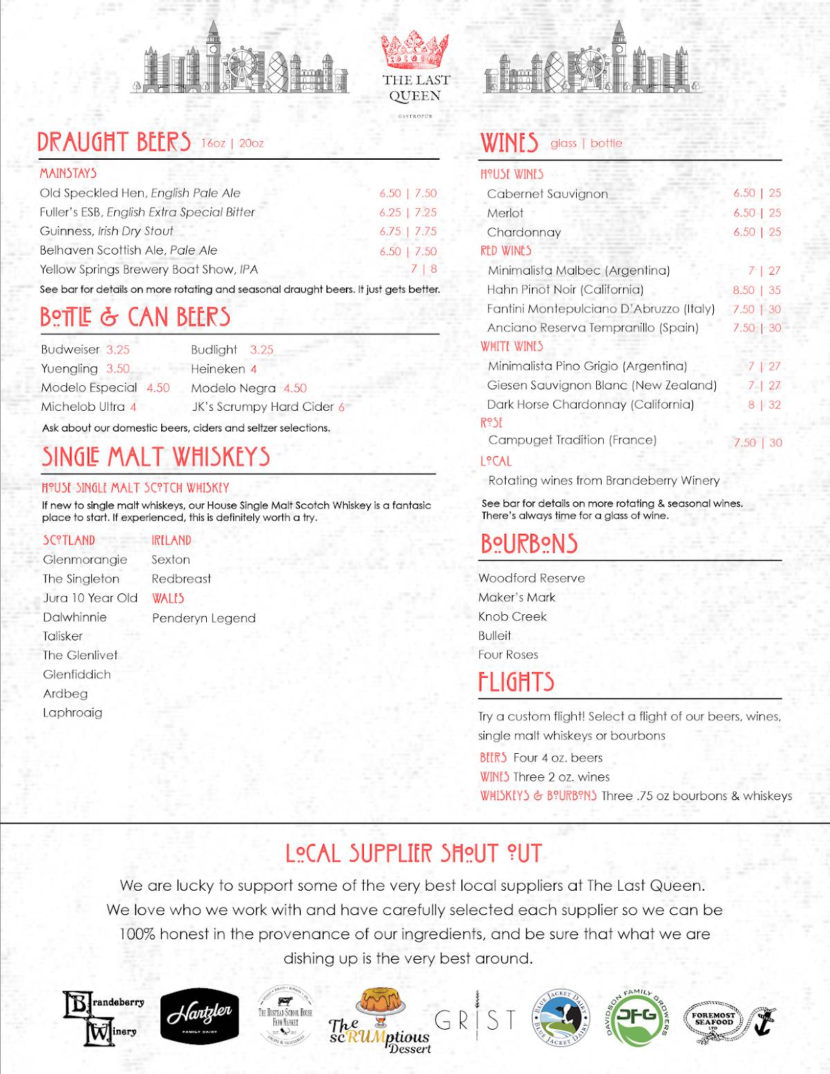 Menu at The Last Queen pub & bar, Enon