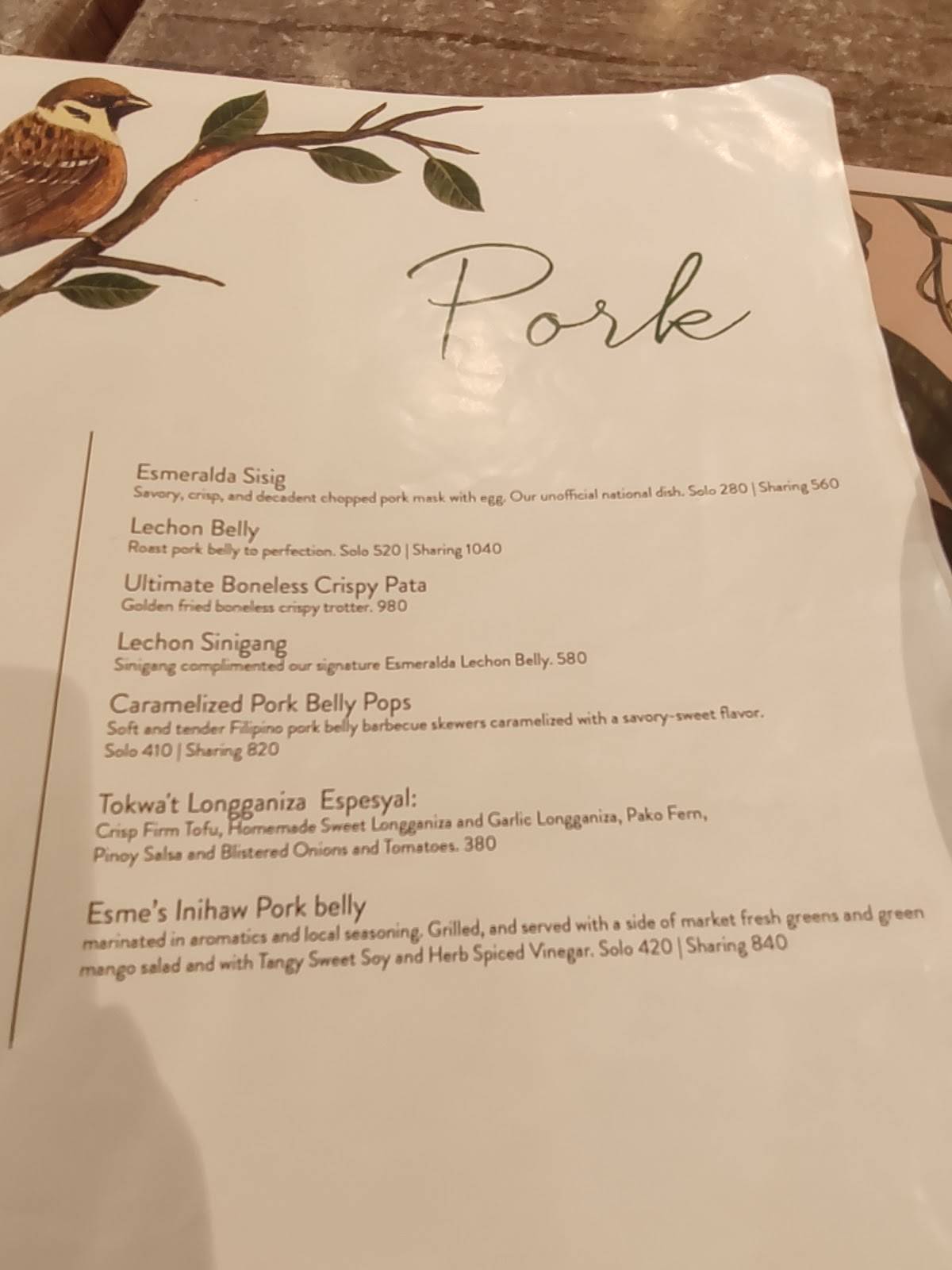 Menu at Esmeralda Kitchen restaurant, Quezon City