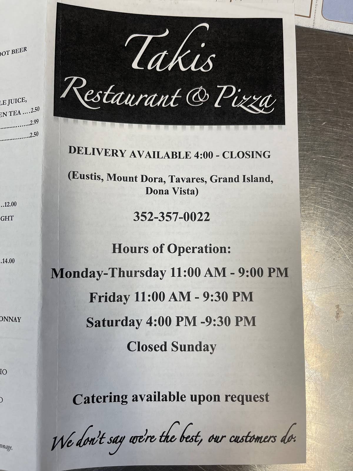Menu at Takis Pizza House II pizzeria, Eustis, S Bay St