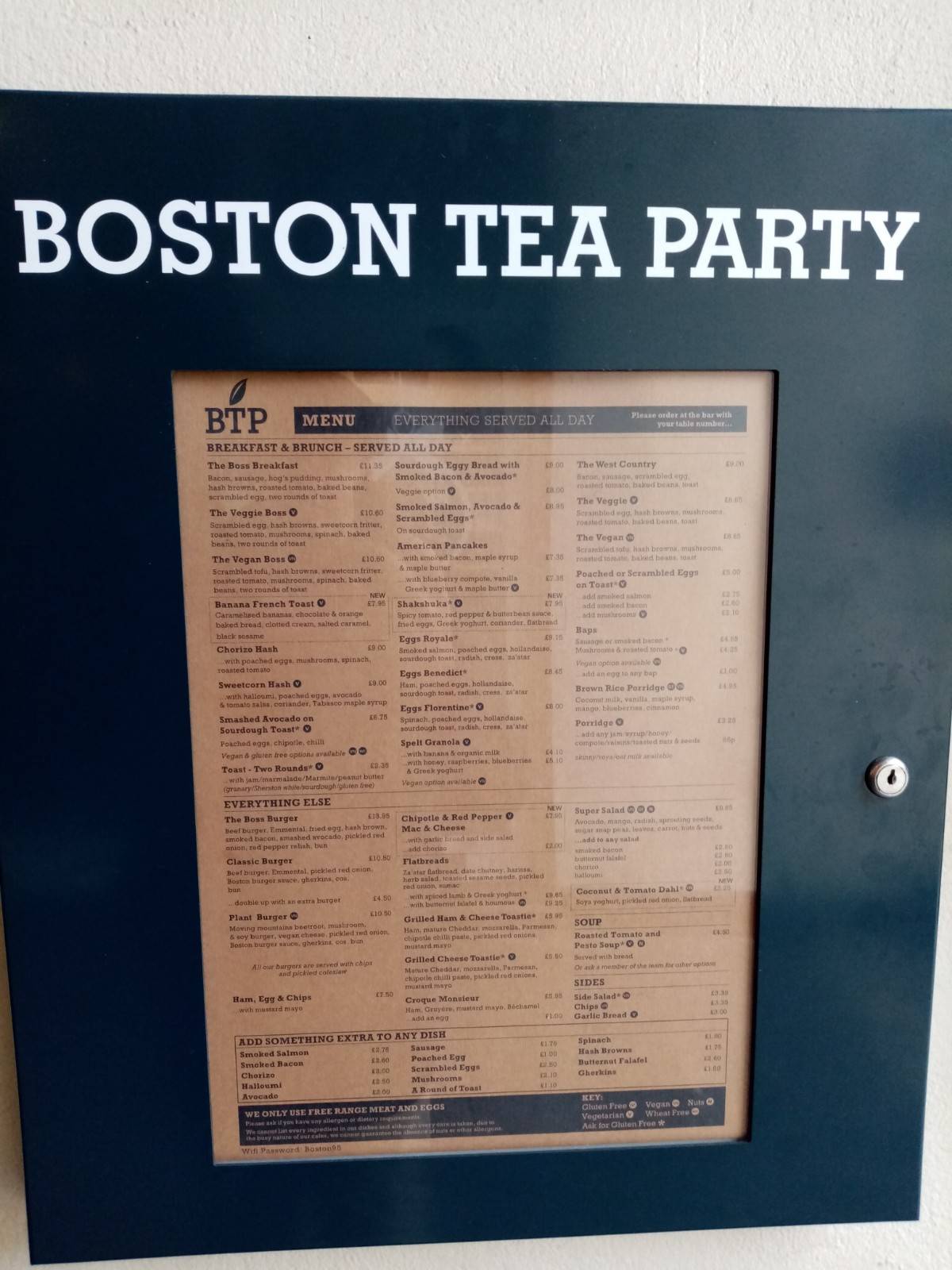 Menu at Boston Tea Party cafe, Exeter