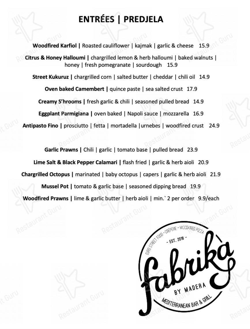 Menu at Fabrika by Madera restaurant, Canley Heights