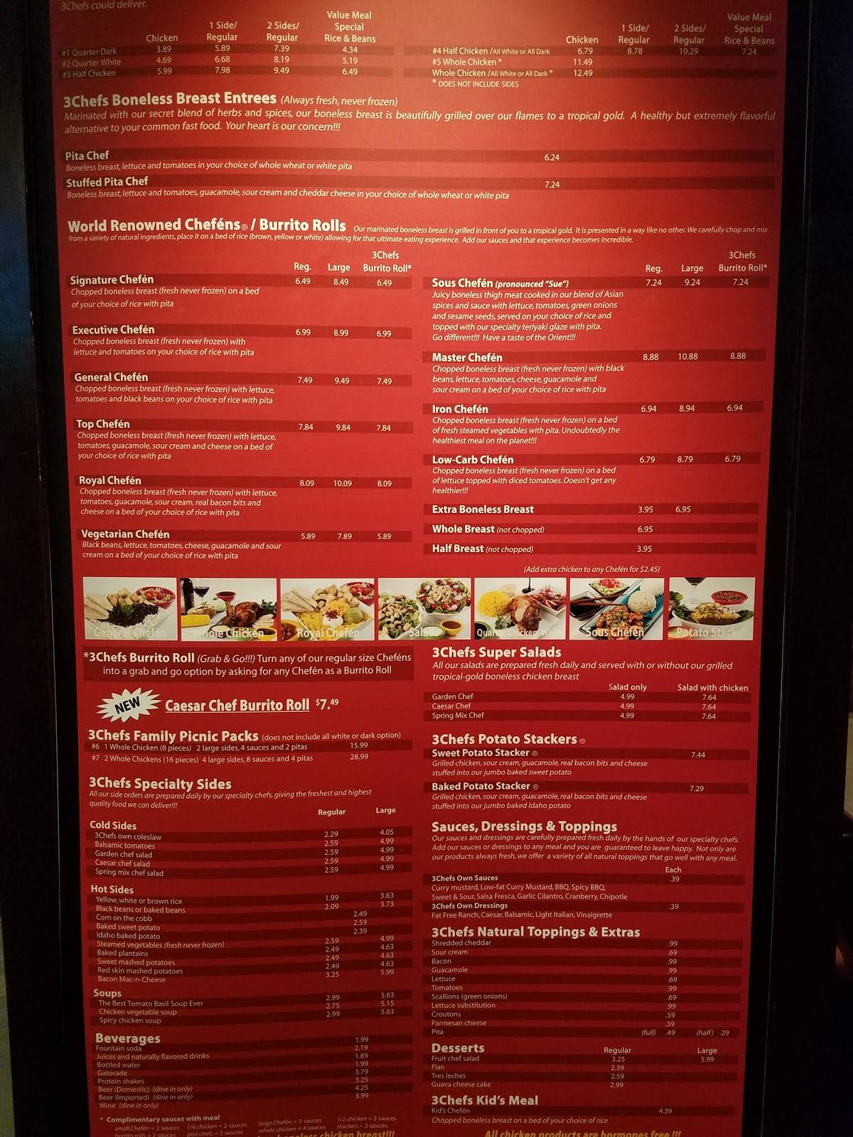 Menu at 3 Chefs and a Chicken fast food, Miami, SW 40th St