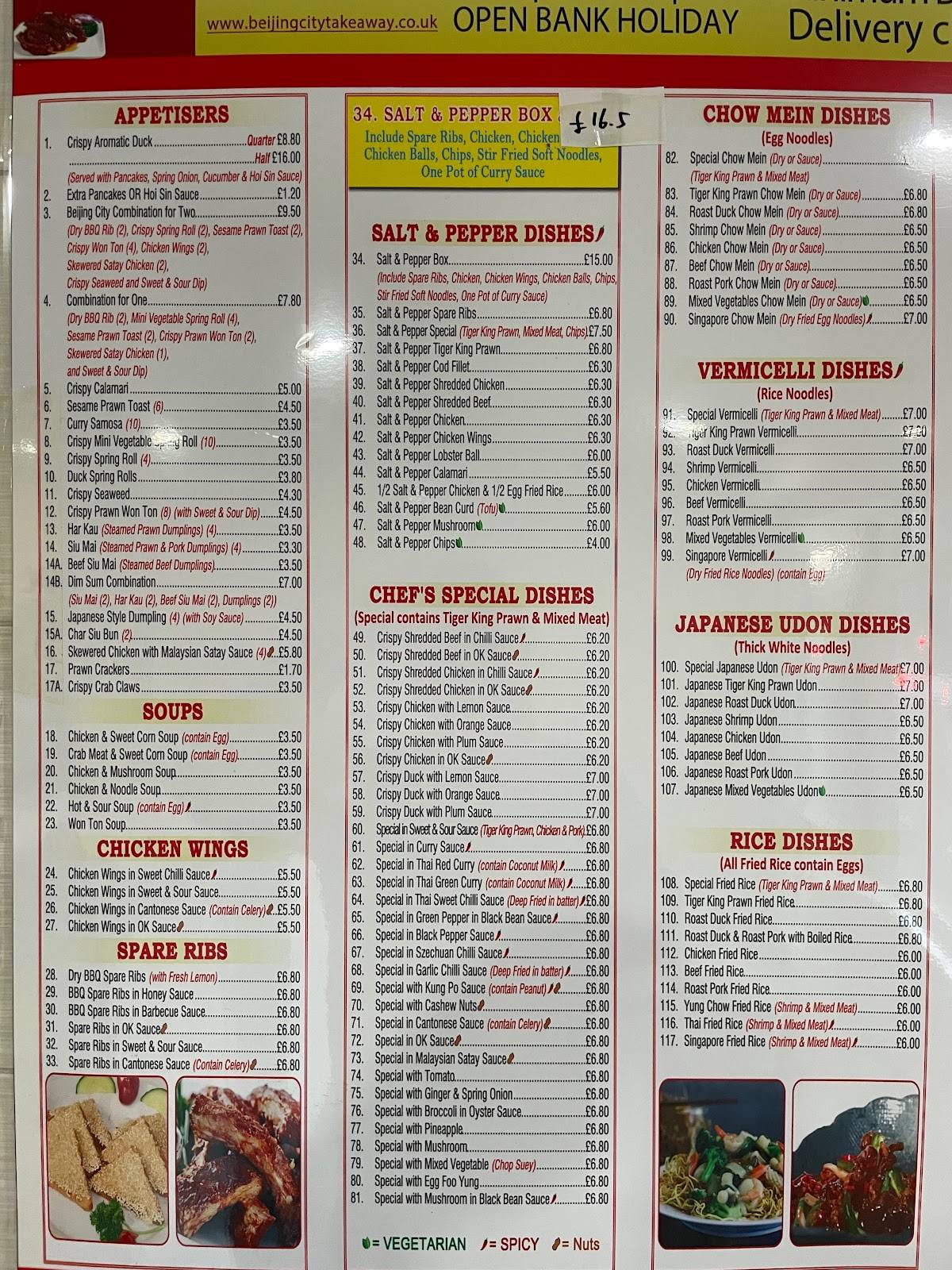 Menu at Beijing City Chinese takeaway fast food, Stockport