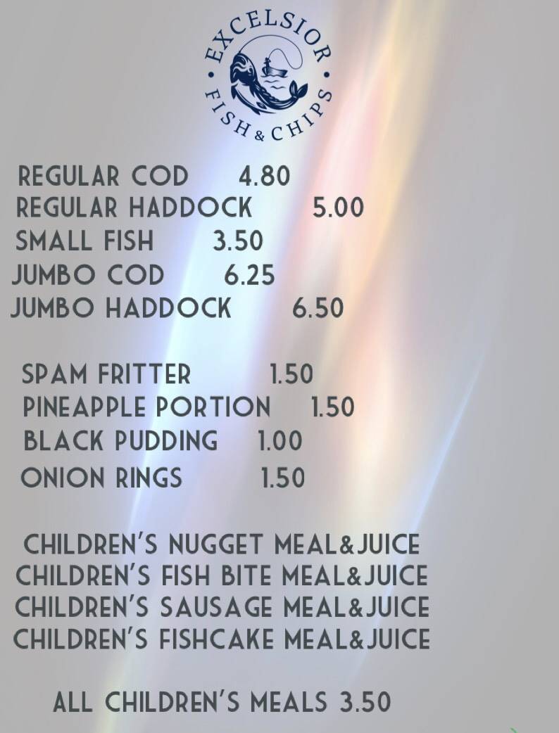 Menu at Excelsior Fisheries fast food, Staithes