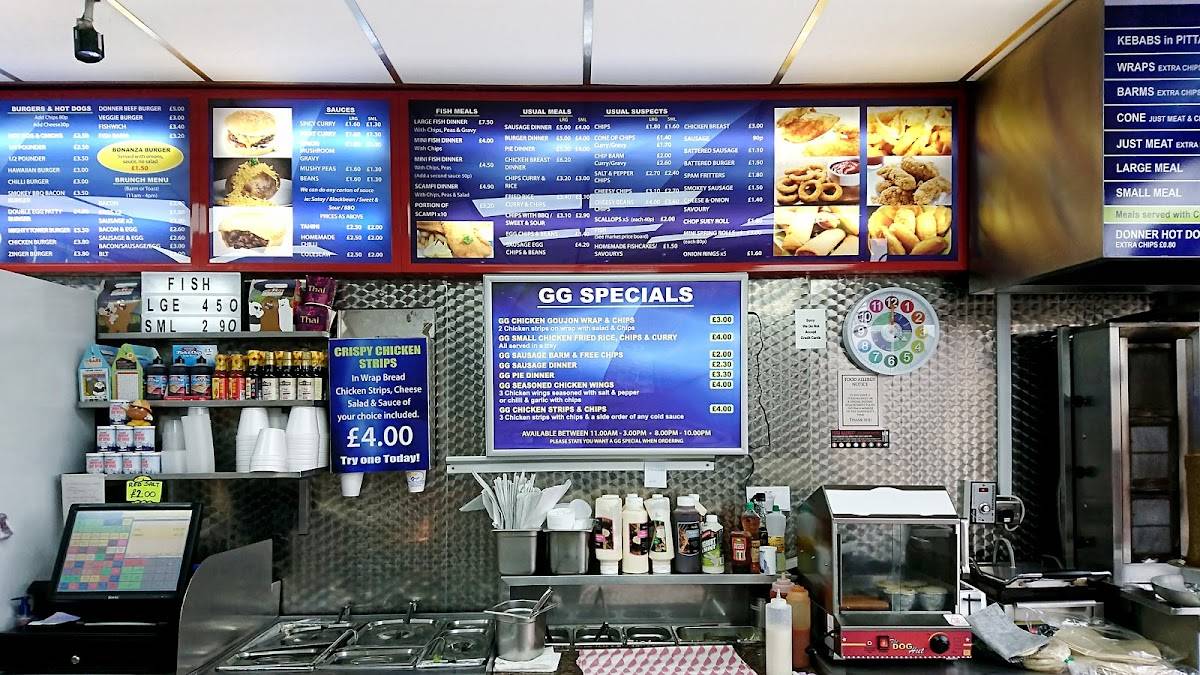 Menu at George Gerrys fast food, Bootle, 60 Aintree Rd