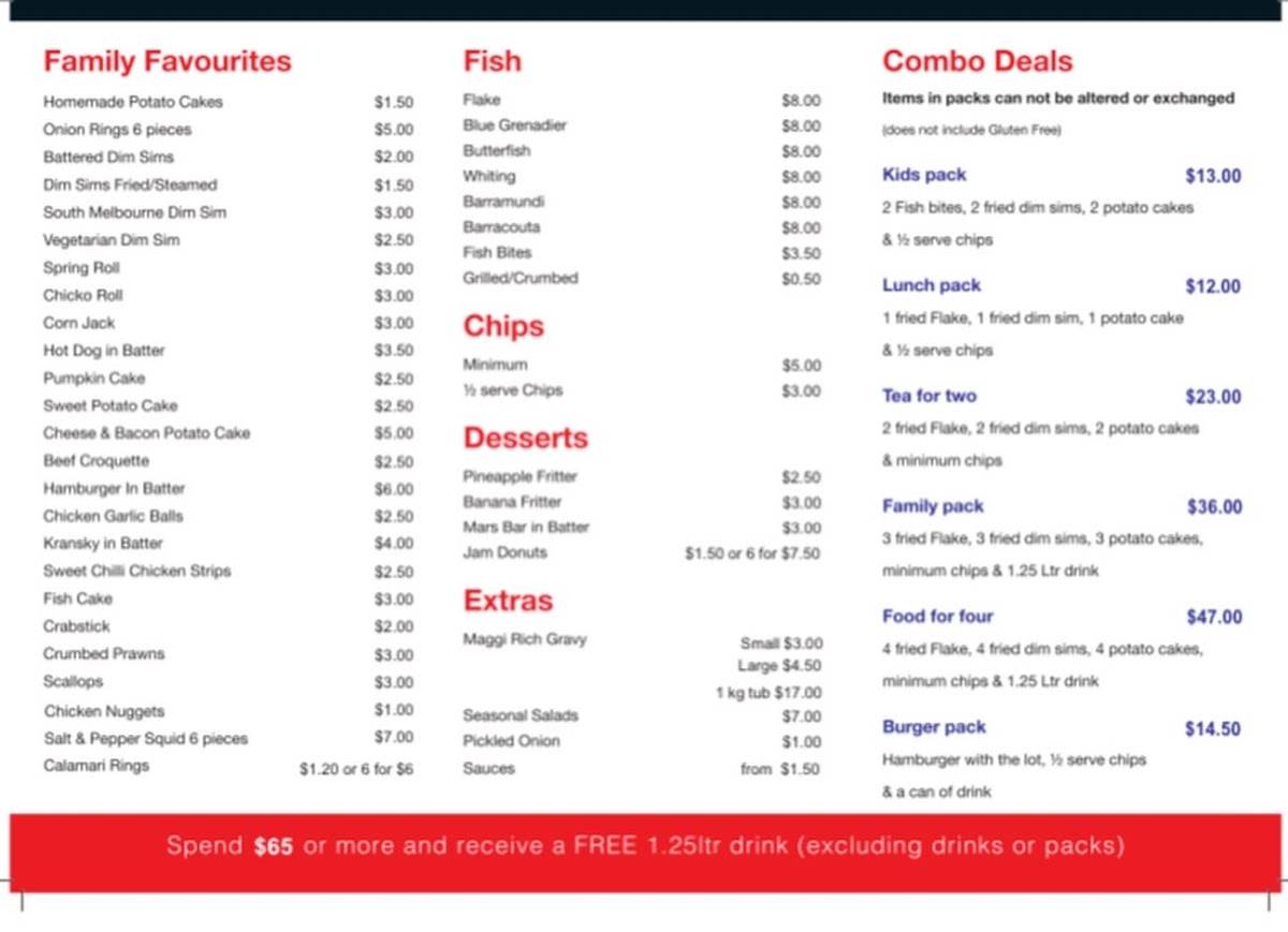 Menu at Georges Fish & Chip Shop fast food, Bacchus Marsh