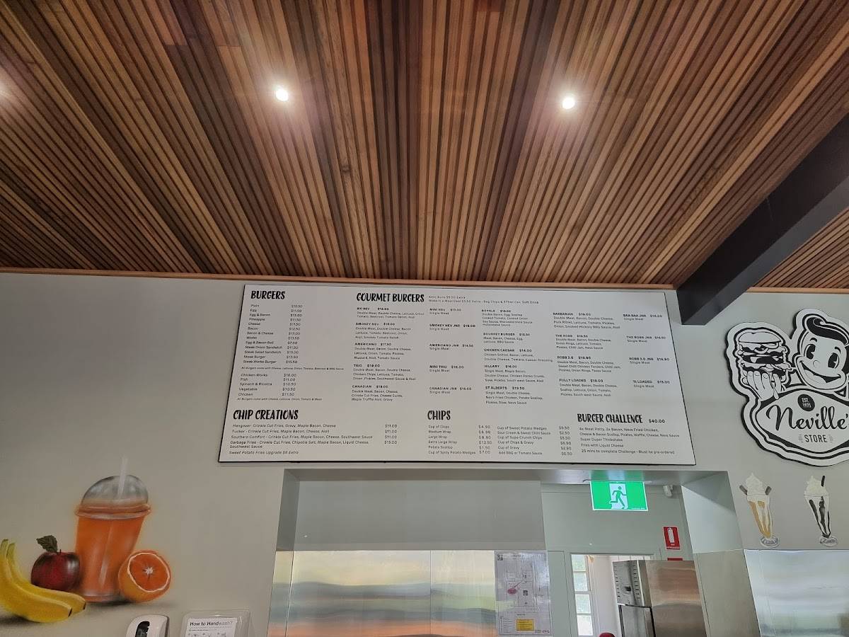 Menu at Neville's Store fast food, Armidale