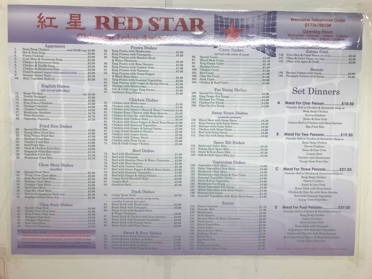 Menu at Red Star fast food, Pendeen