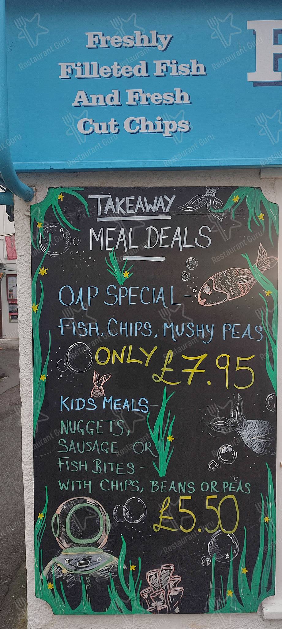 Menu at Rio's Fish & Chips restaurant, Brixham