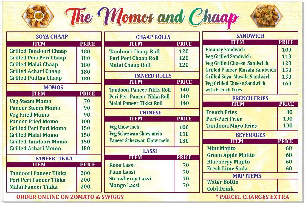 Menu at The Momos and Chaap, Bengaluru