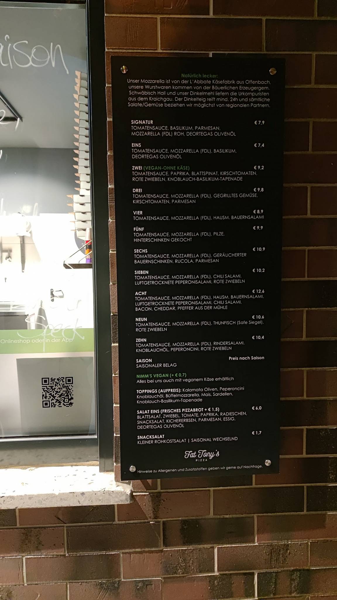 Speisekarte von Fat Tony's Pizza, Frankfurt am Main