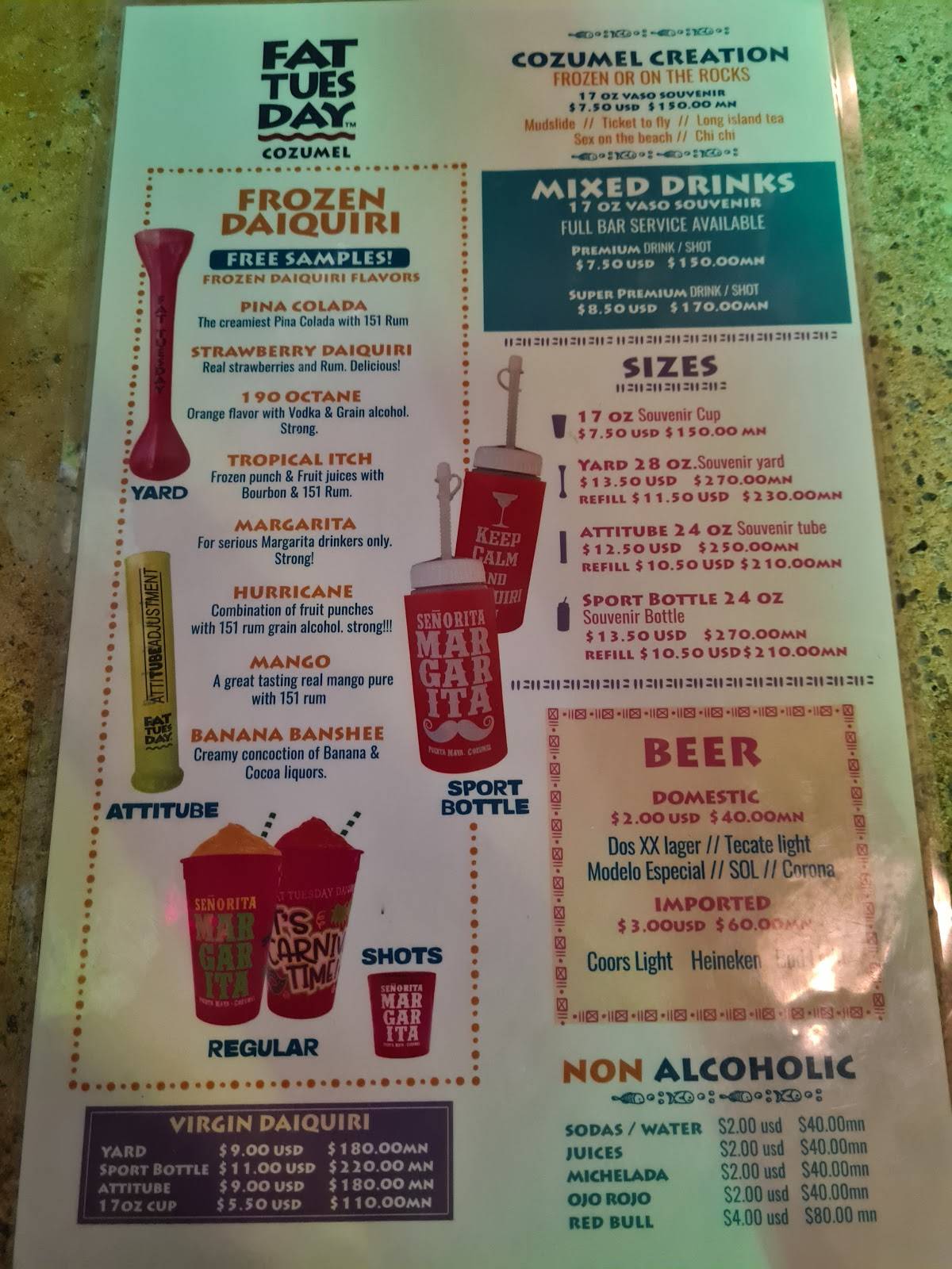 Menu at Fat Tuesday Cozumel 2 Av. Juarez pub & bar, San Miguel de ...