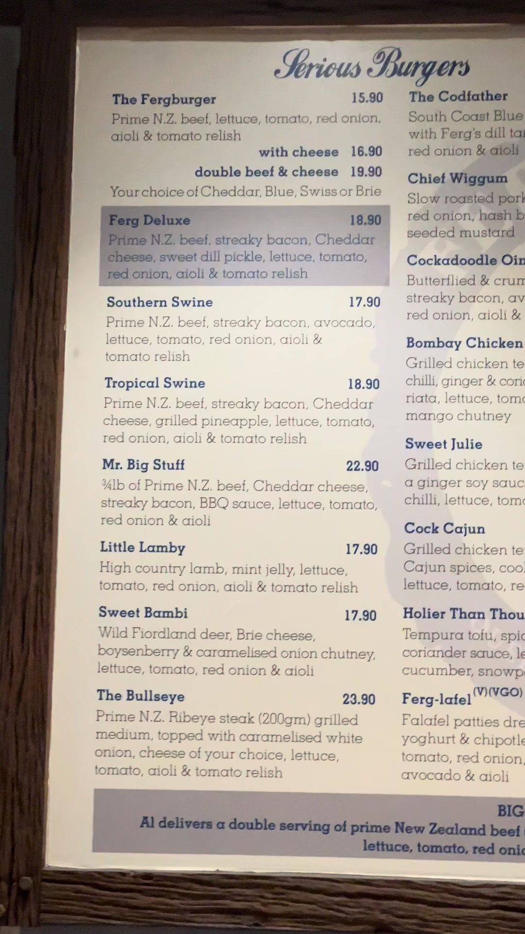 Menu at Fergburger restaurant, Queenstown