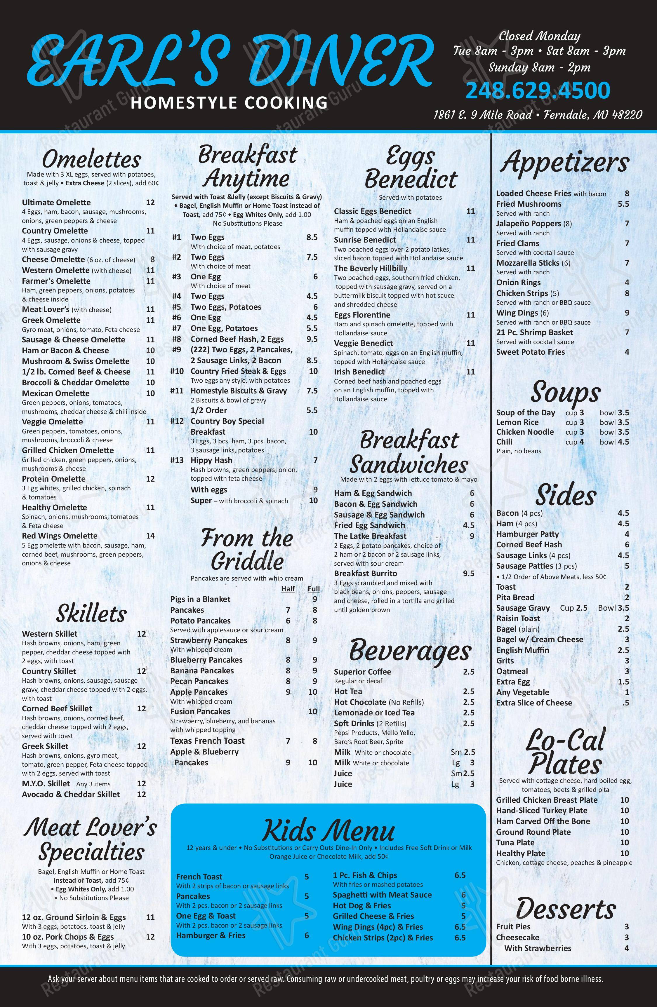 Menu at Earl's Diner restaurant, Ferndale