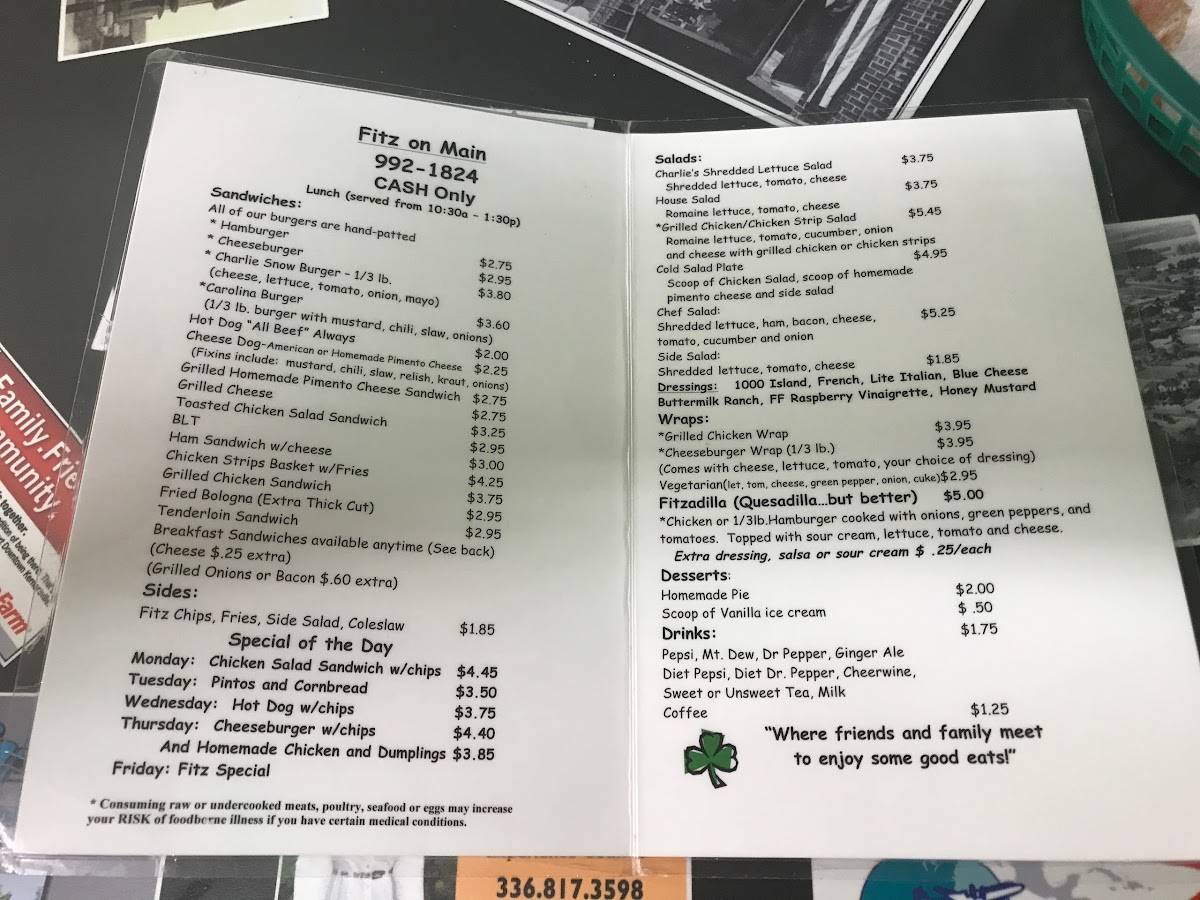 Menu at Fitz On Main restaurant, Kernersville