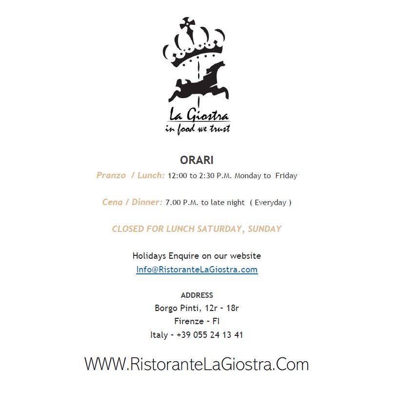 Menu at La Giostra restaurant, Florence, Borgo Pinti
