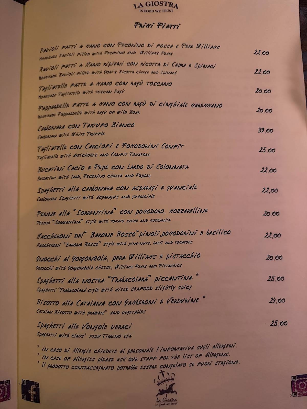 Menu at La Giostra restaurant, Florence, Borgo Pinti