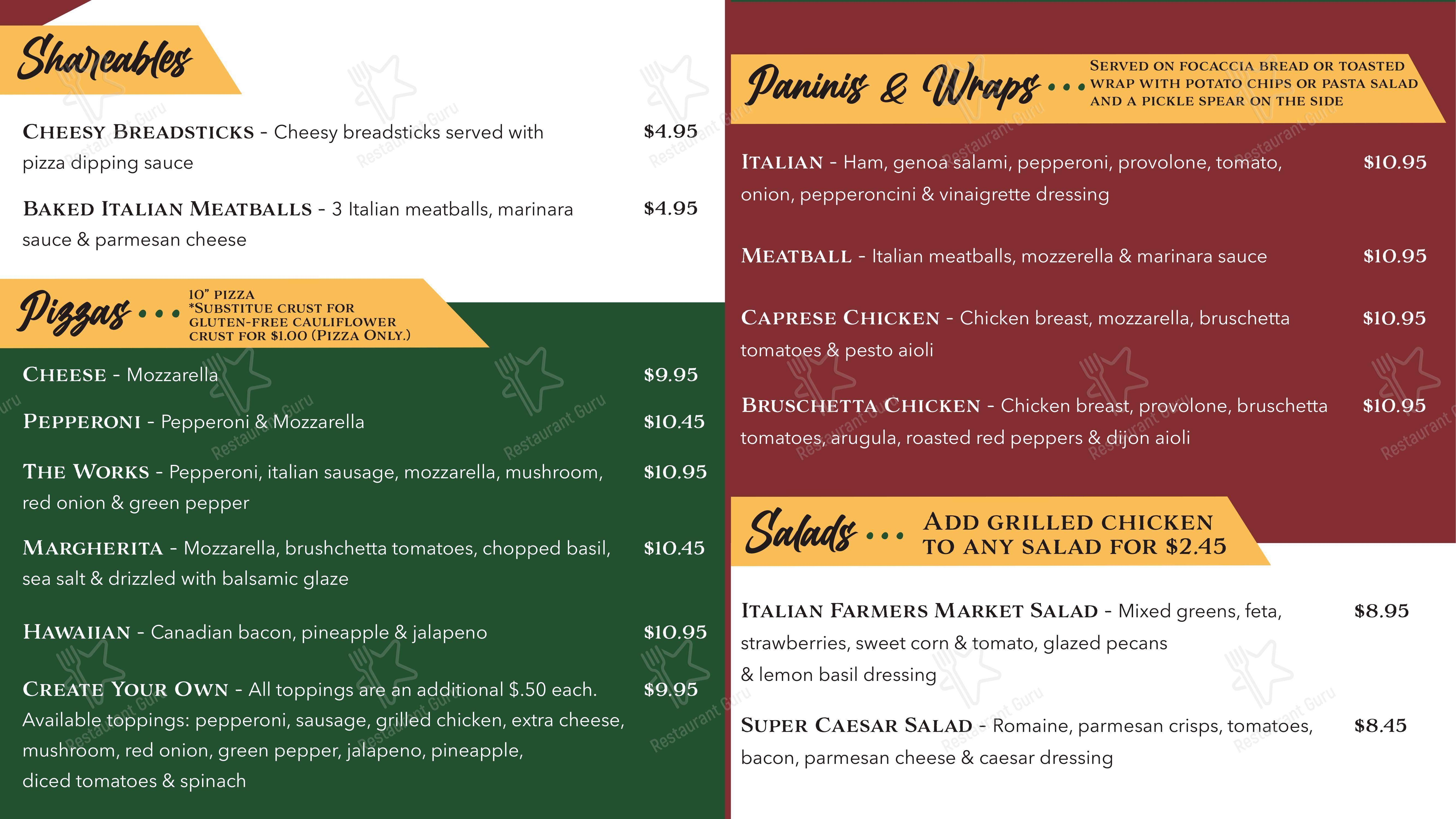 Carta de pizzería Valerio’s Pizza & Italian, Foley