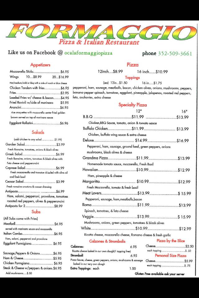 Menu at Formaggio Pizza and Italian Restaurant, Ocala