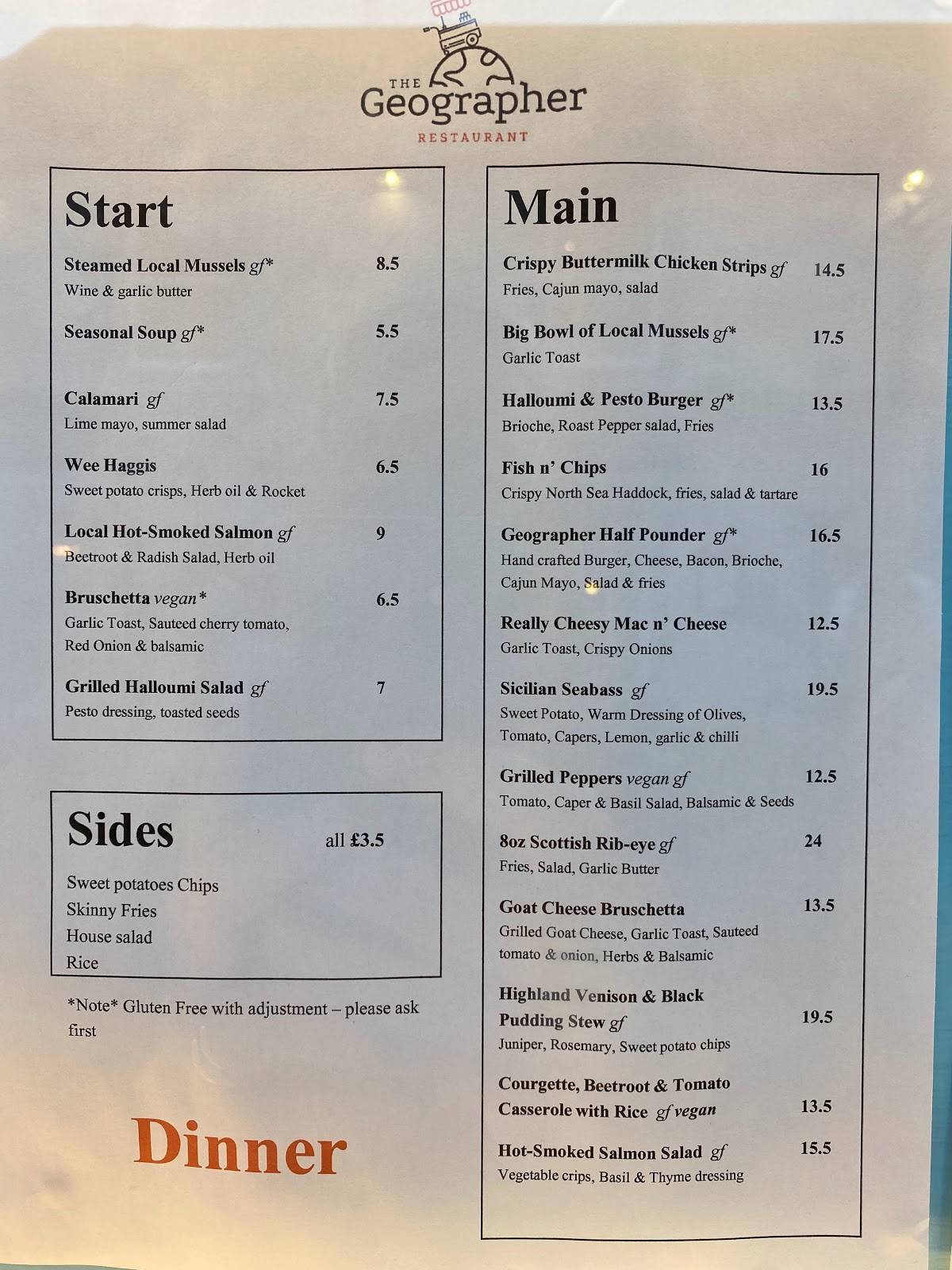 Menu at The Geographer restaurant, Fort William