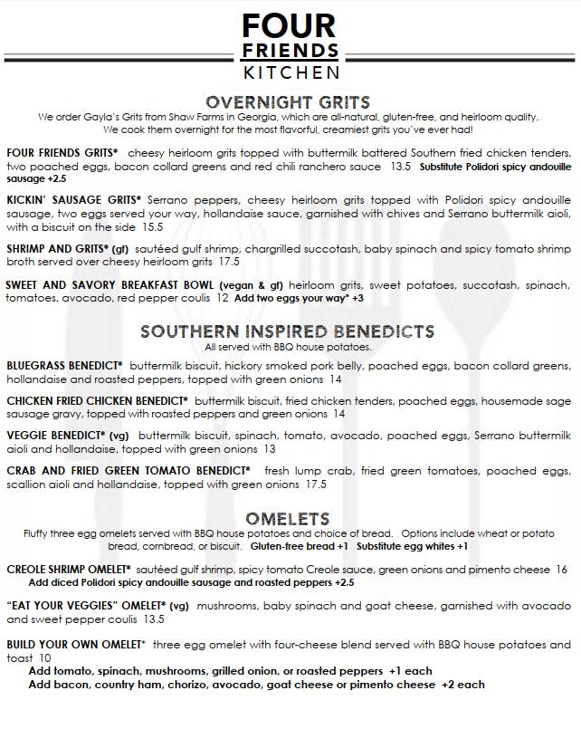 Menu at Four Friends Kitchen restaurant, Denver, Roslyn St