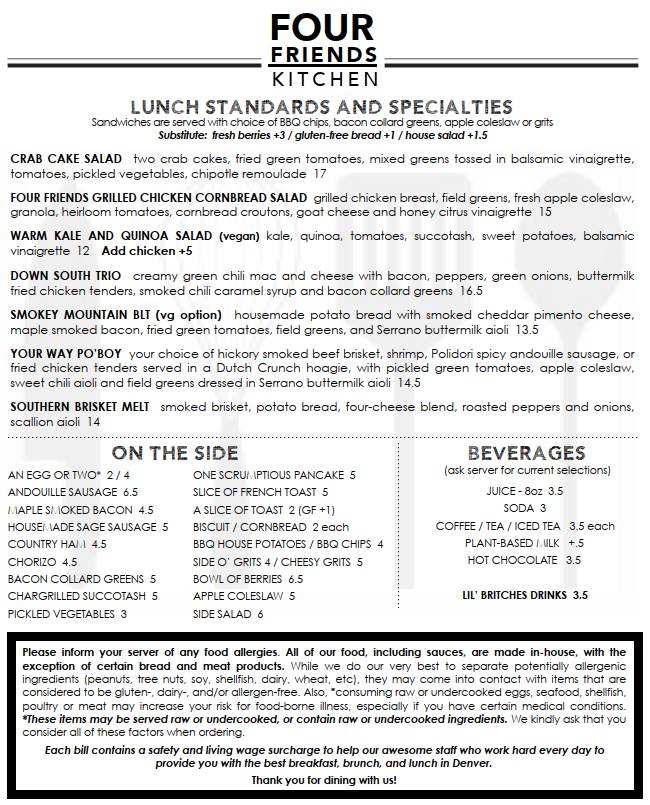 Menu at Four Friends Kitchen restaurant, Denver, Roslyn St