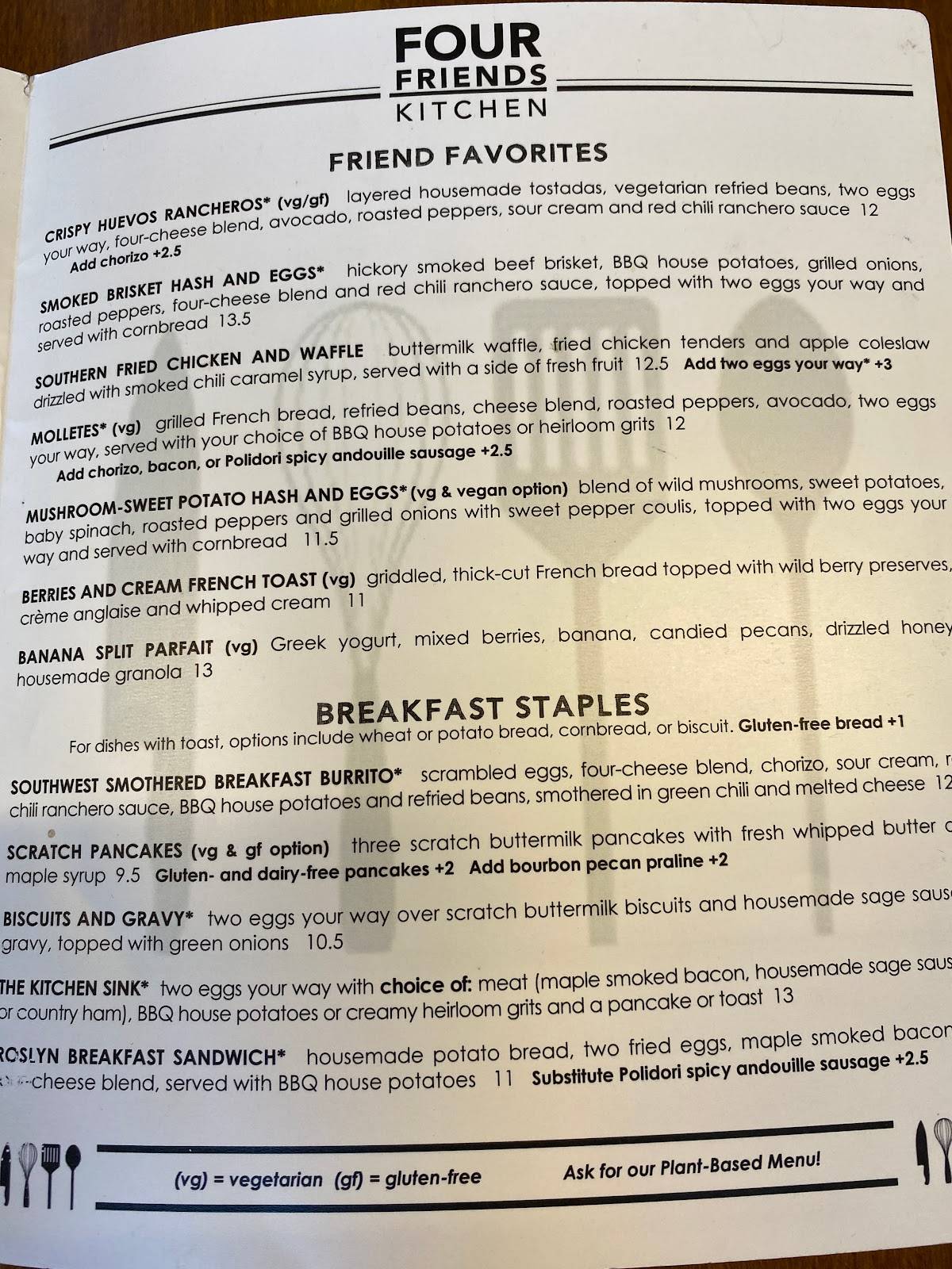 Menu at Four Friends Kitchen restaurant, Denver, Roslyn St