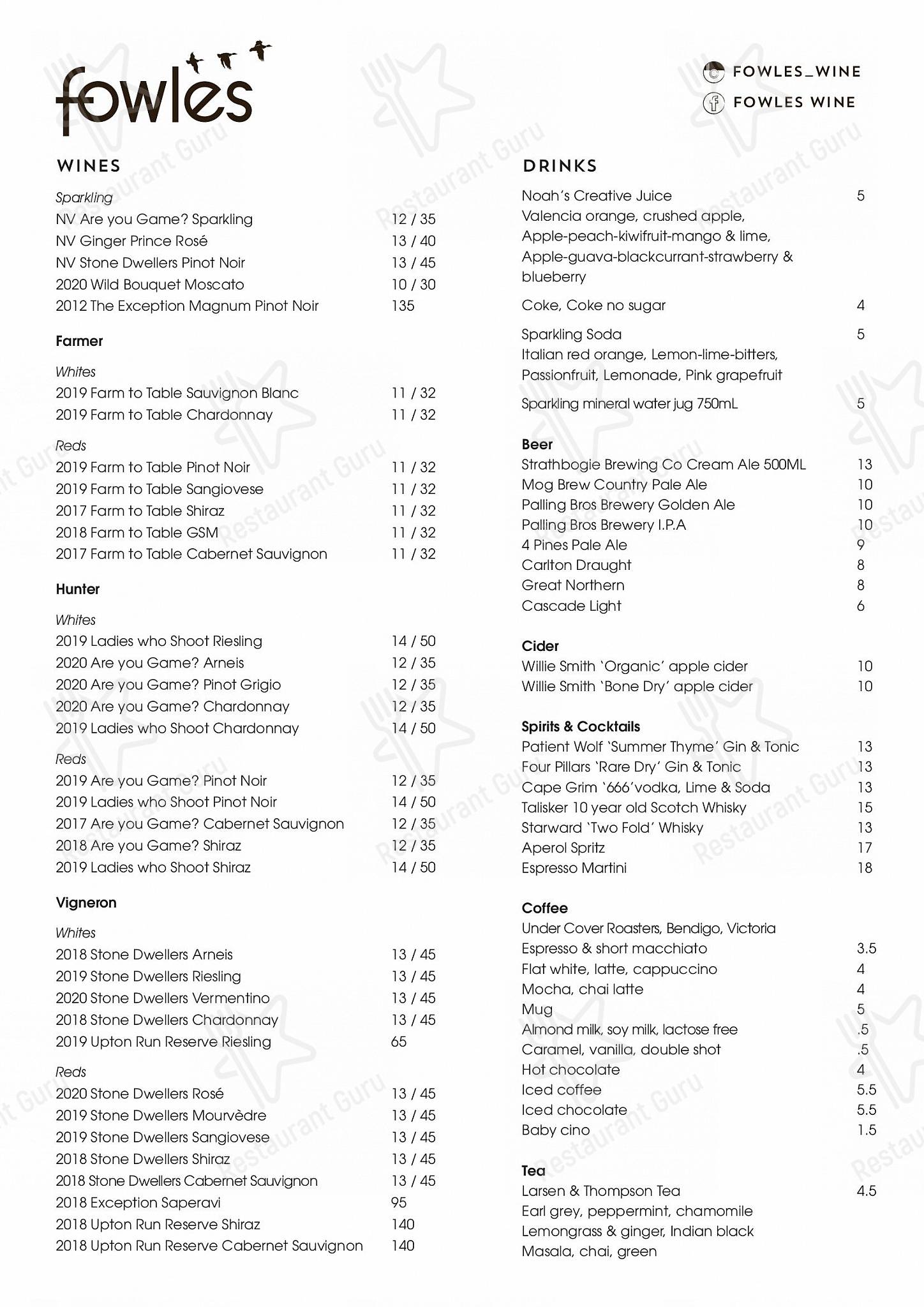 Menu at Fowles Wine cafe, Avenel