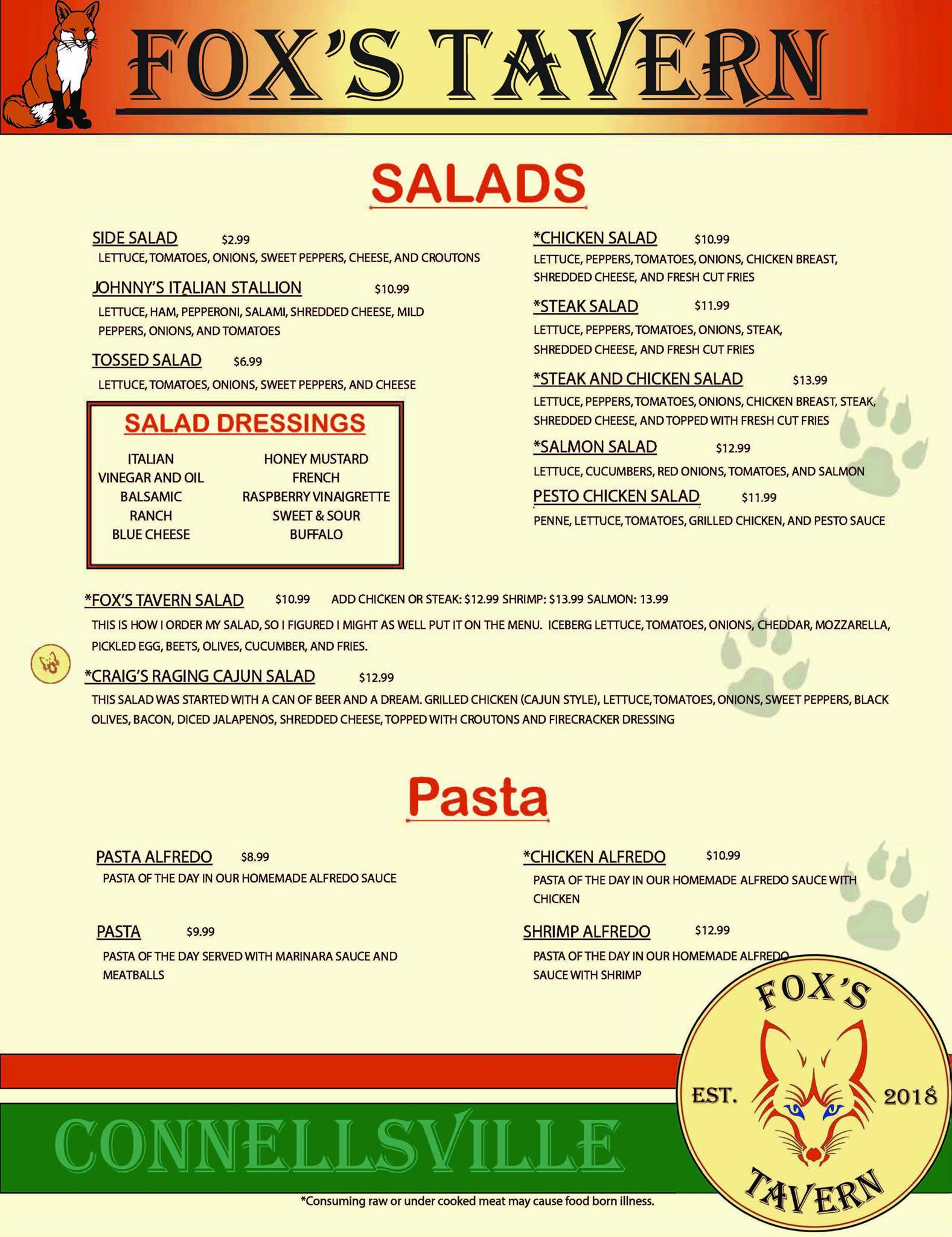 Menu at Fox’s Tavern pub & bar, South Connellsville
