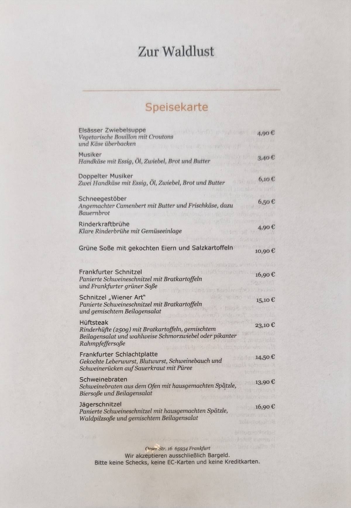 Speisekarte von Zur Waldlust Restaurant, Frankfurt am Main