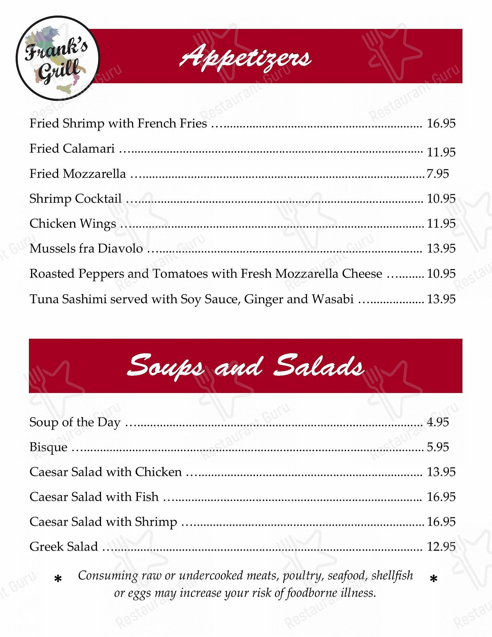 Menu at Frank's Grill restaurant, Marathon