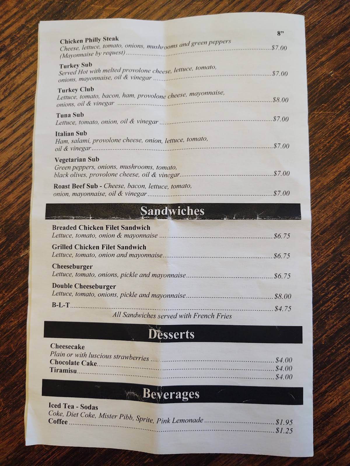 Menu at Frank's Restaurant, Rural Hall