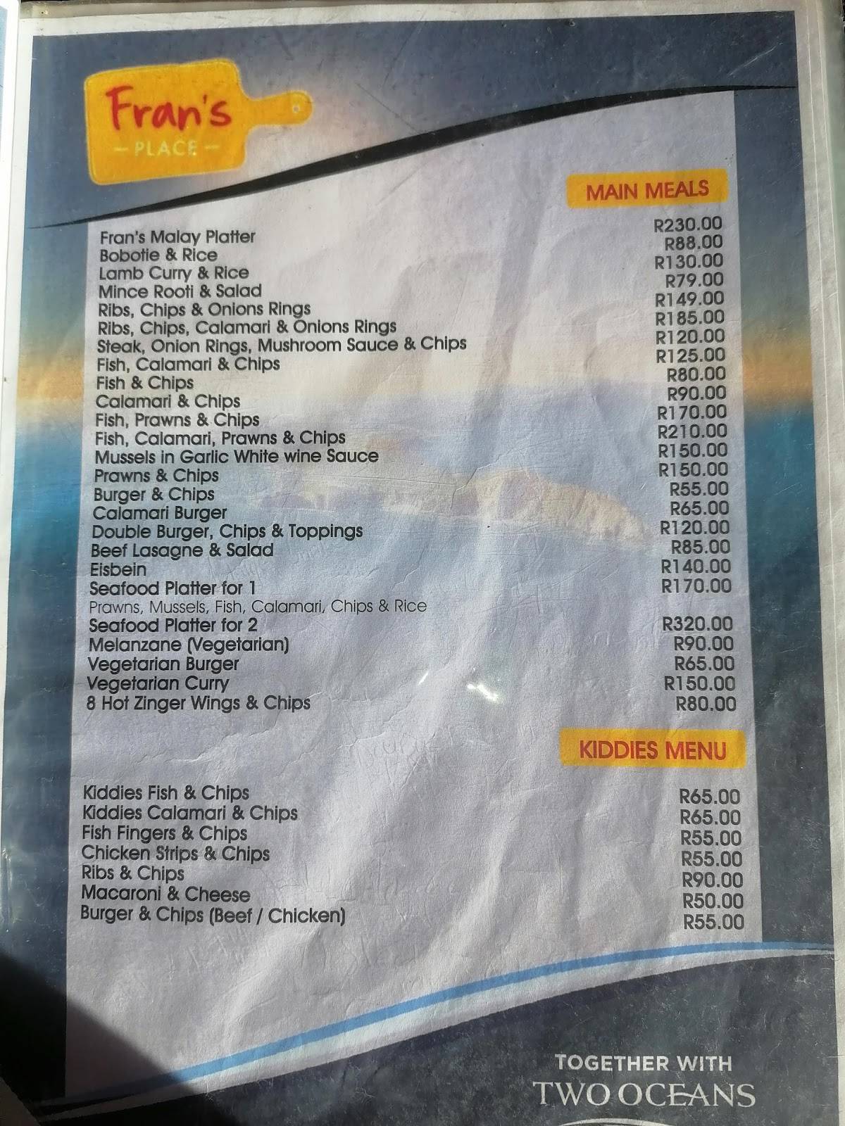 Menu at Fran's Place restaurant, Cape Town, 111 Jubilee St