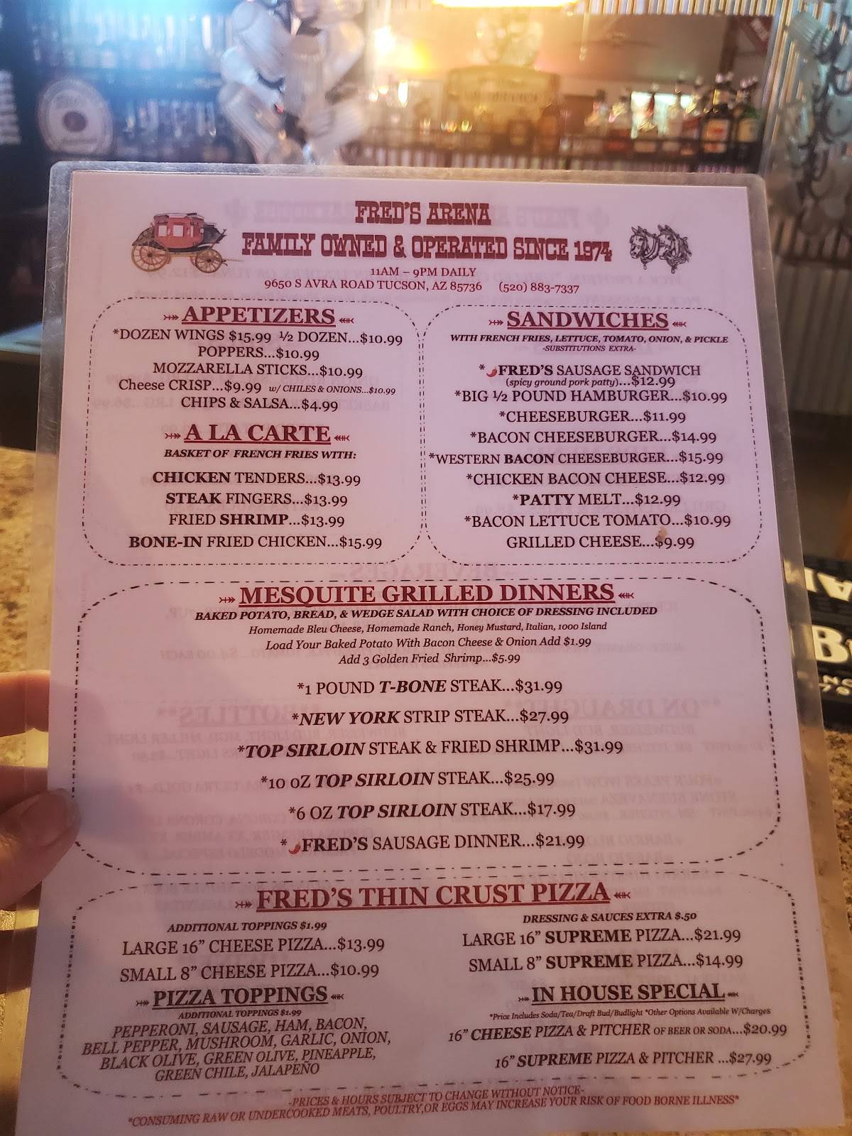 Menu at Fred's Arena Bar & Steakhouse, Three Points