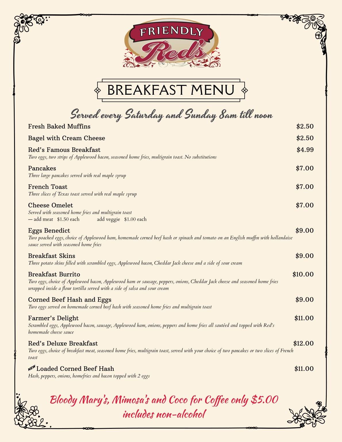 Menu at Friendly Red's Tavern pub & bar, Windham