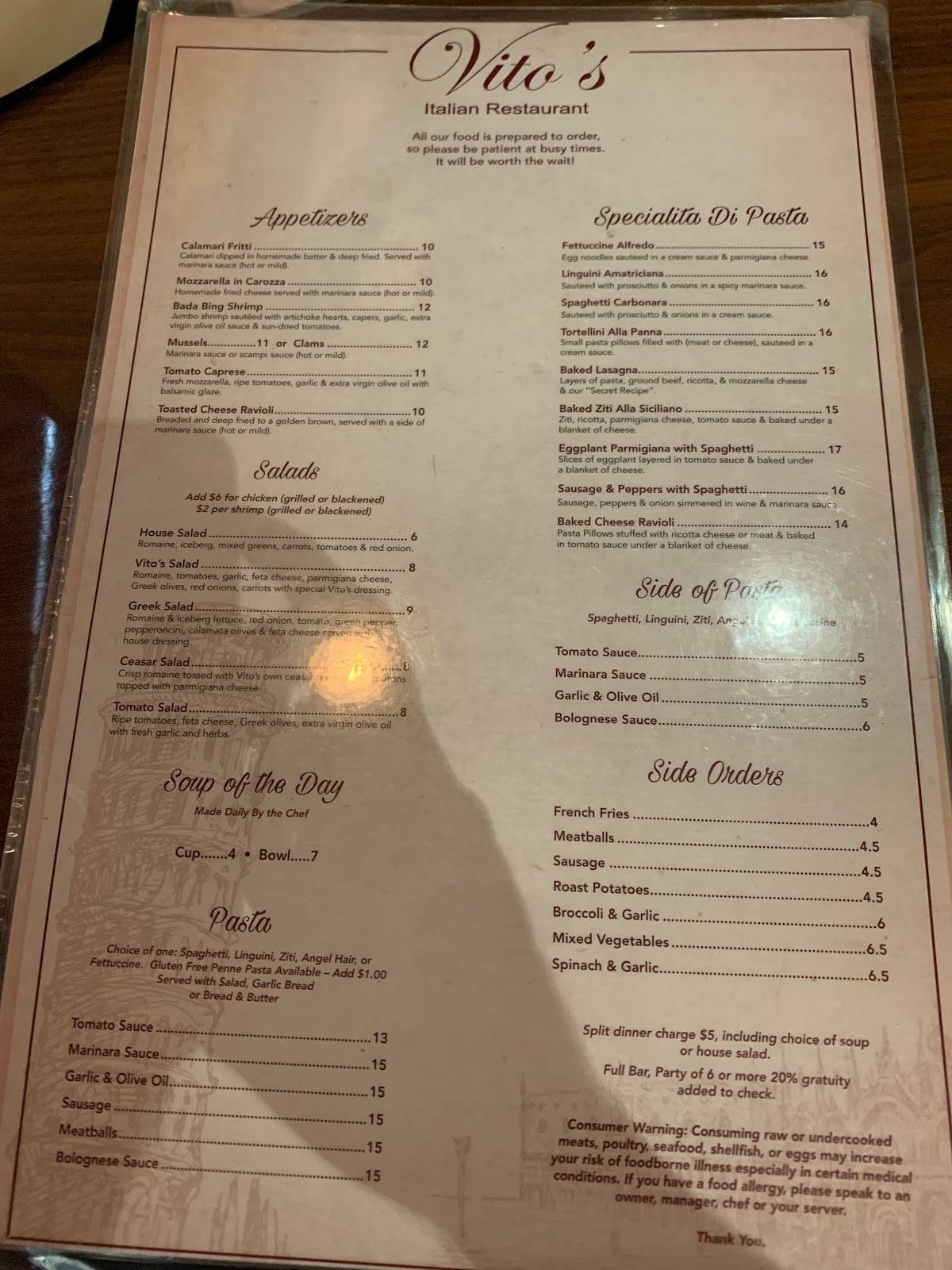 Menu at Vito's Italian Restaurant, Fruit Cove, 116 Bartram Oaks Walk
