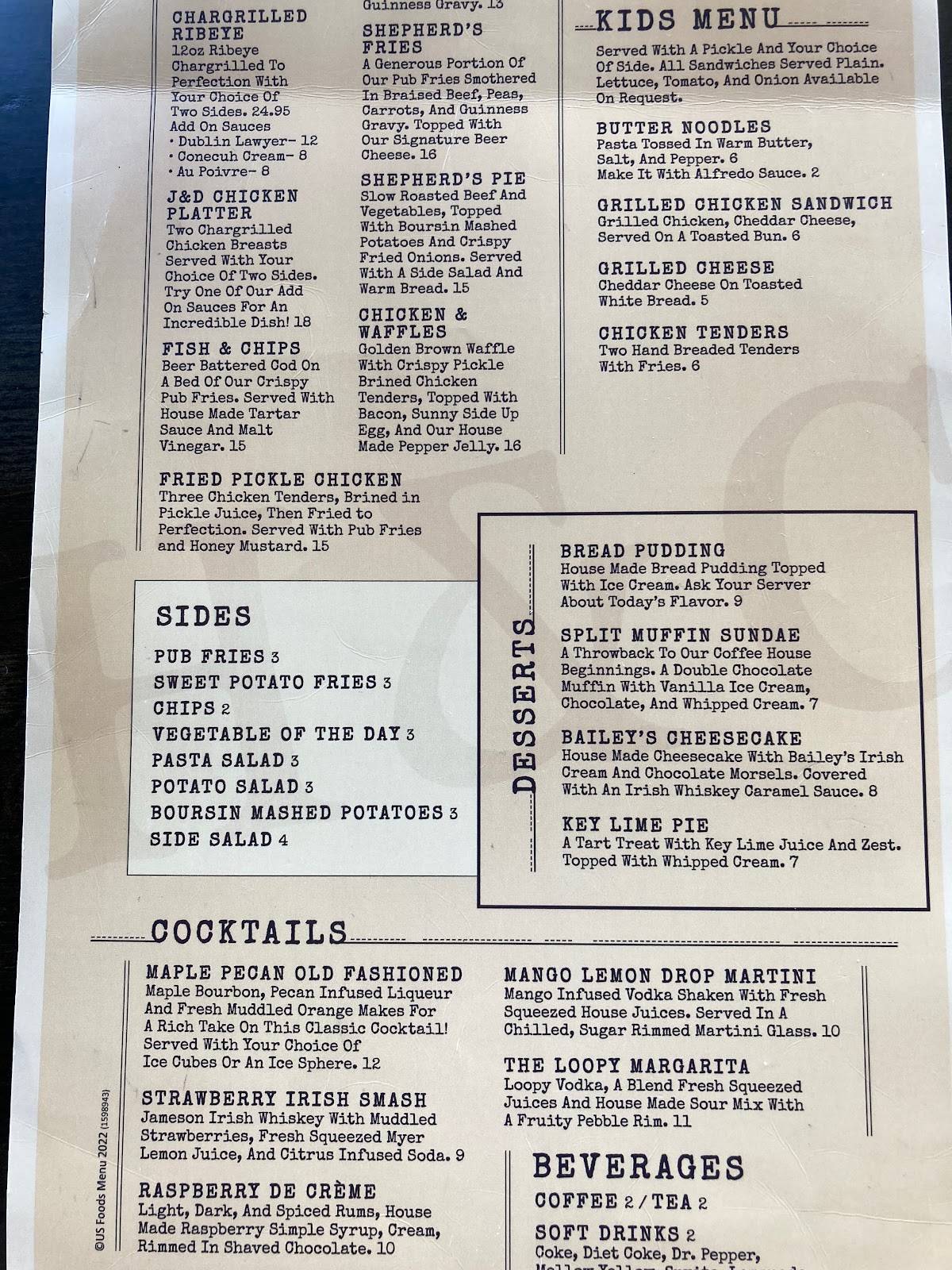 Menu at Harp & Clover, "The Clover" pub & bar, Gadsden