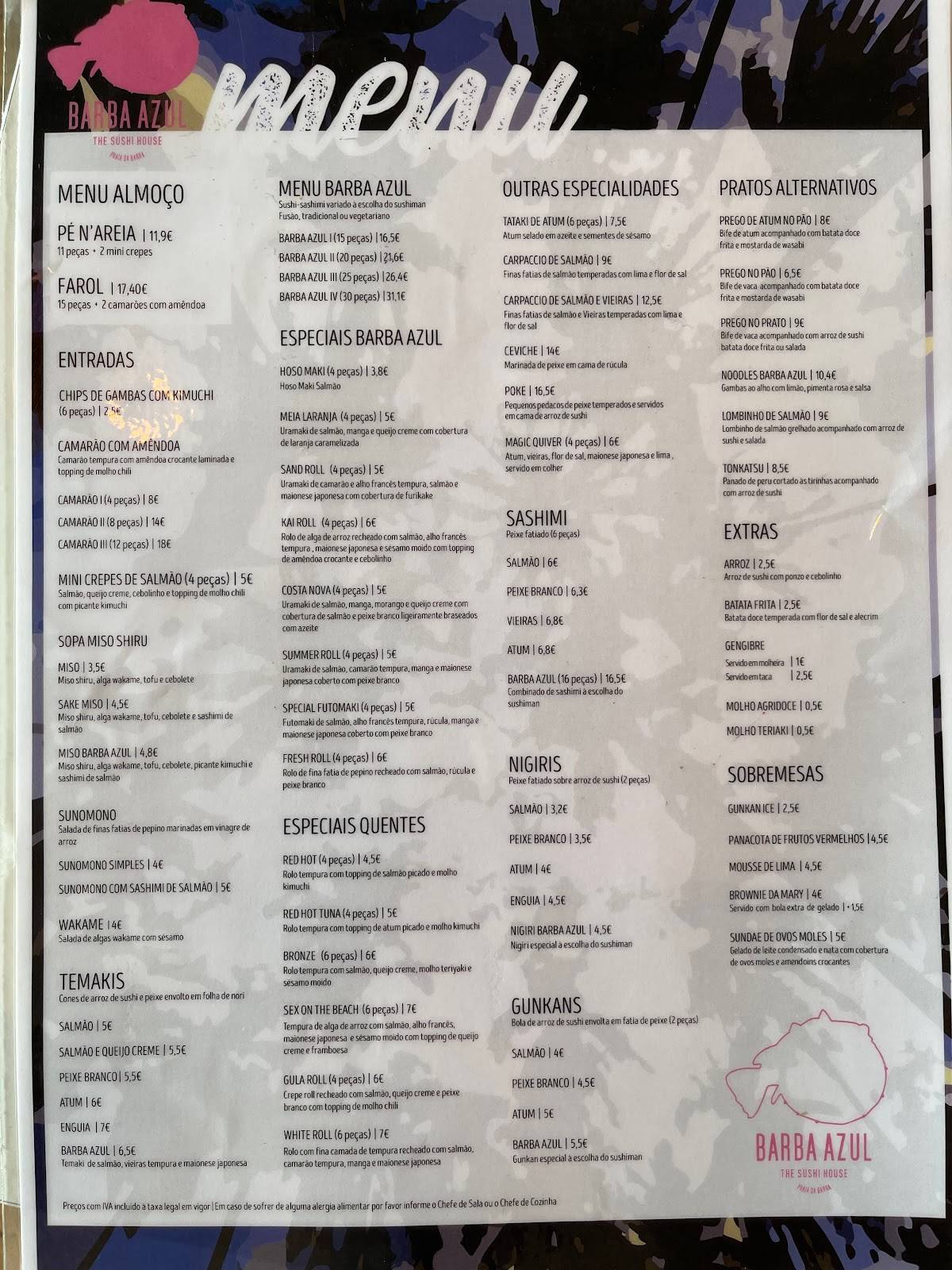 Menu em Barba Azul, The Sushi House, Gafanha da Nazaré