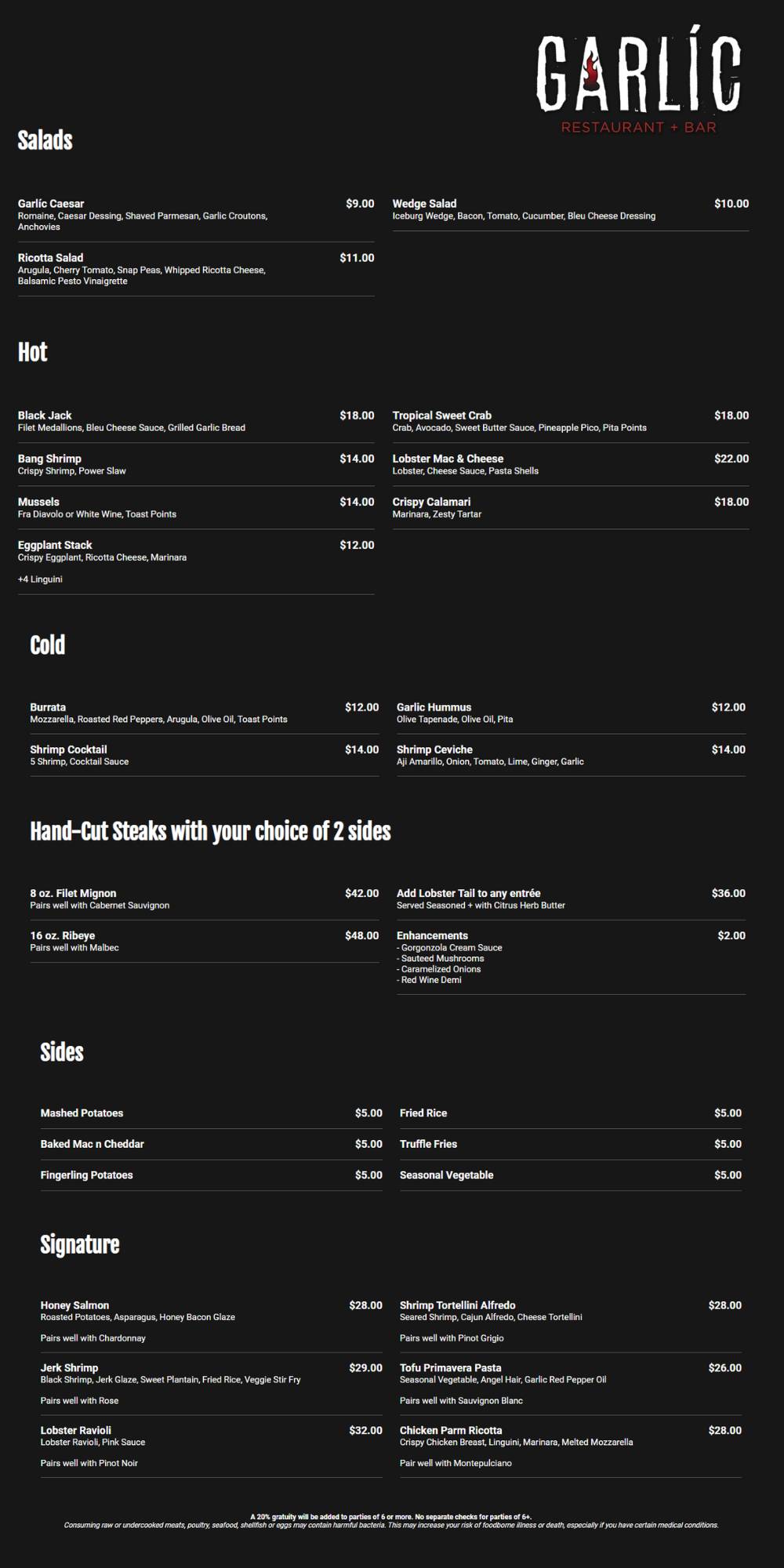 Menu at Garlic Restaurant + Bar, Stroudsburg