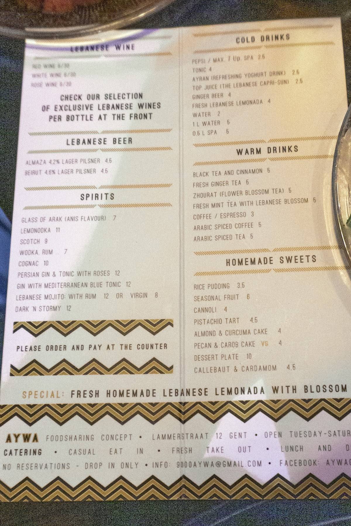 Menu at AYWA, Ghent