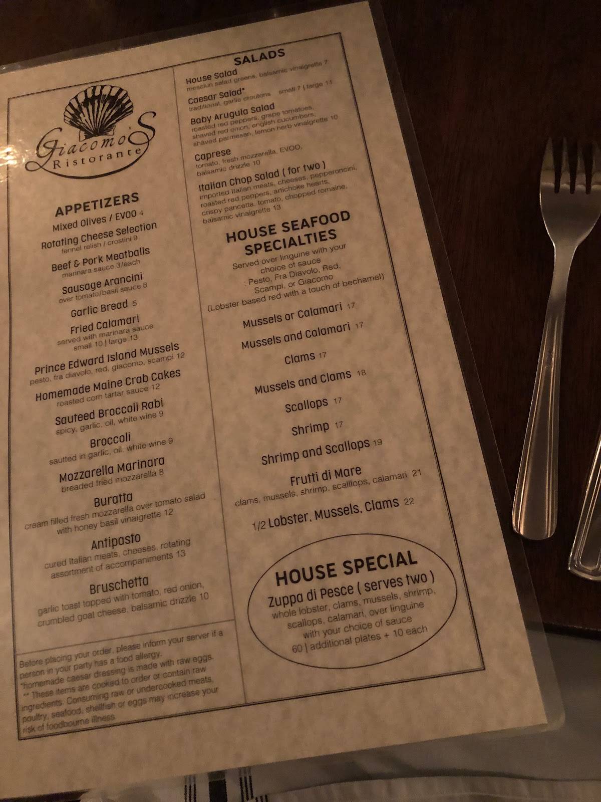 Menu at Giacomo's Melrose restaurant, Melrose