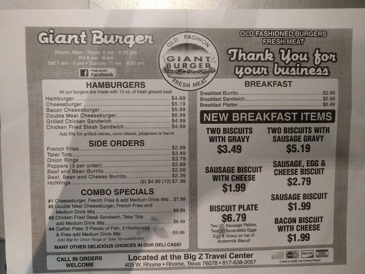 Menu at Giant Burger restaurant, Rhome