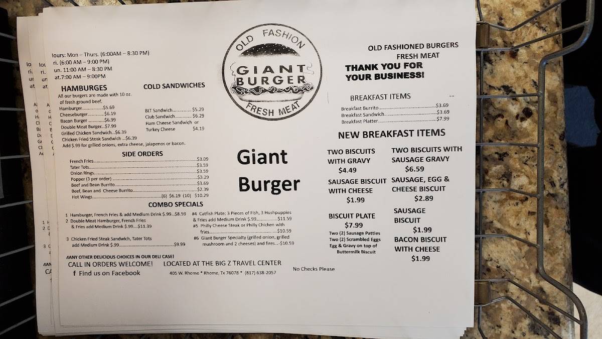 Menu at Giant Burger restaurant, Rhome