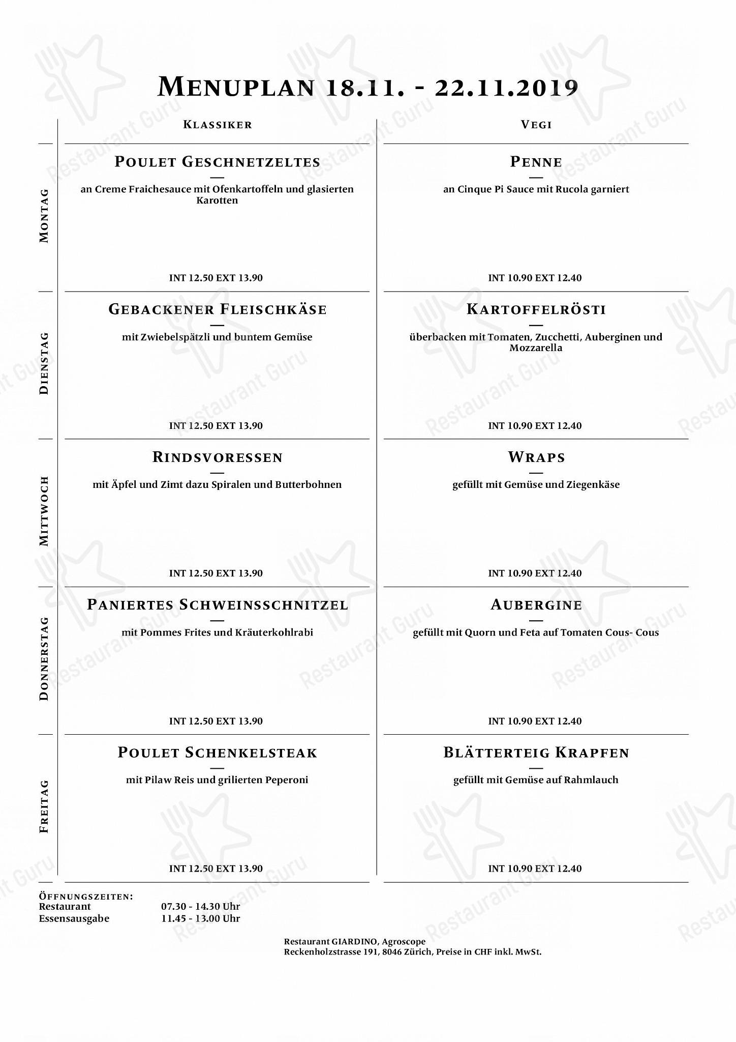 Menu at Giardino, Zürich