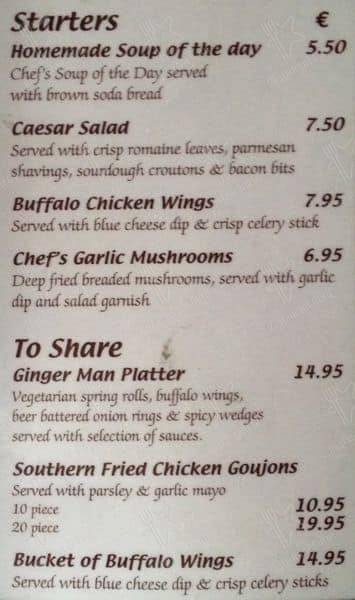 Menu at The Ginger Man pub & bar, Dublin