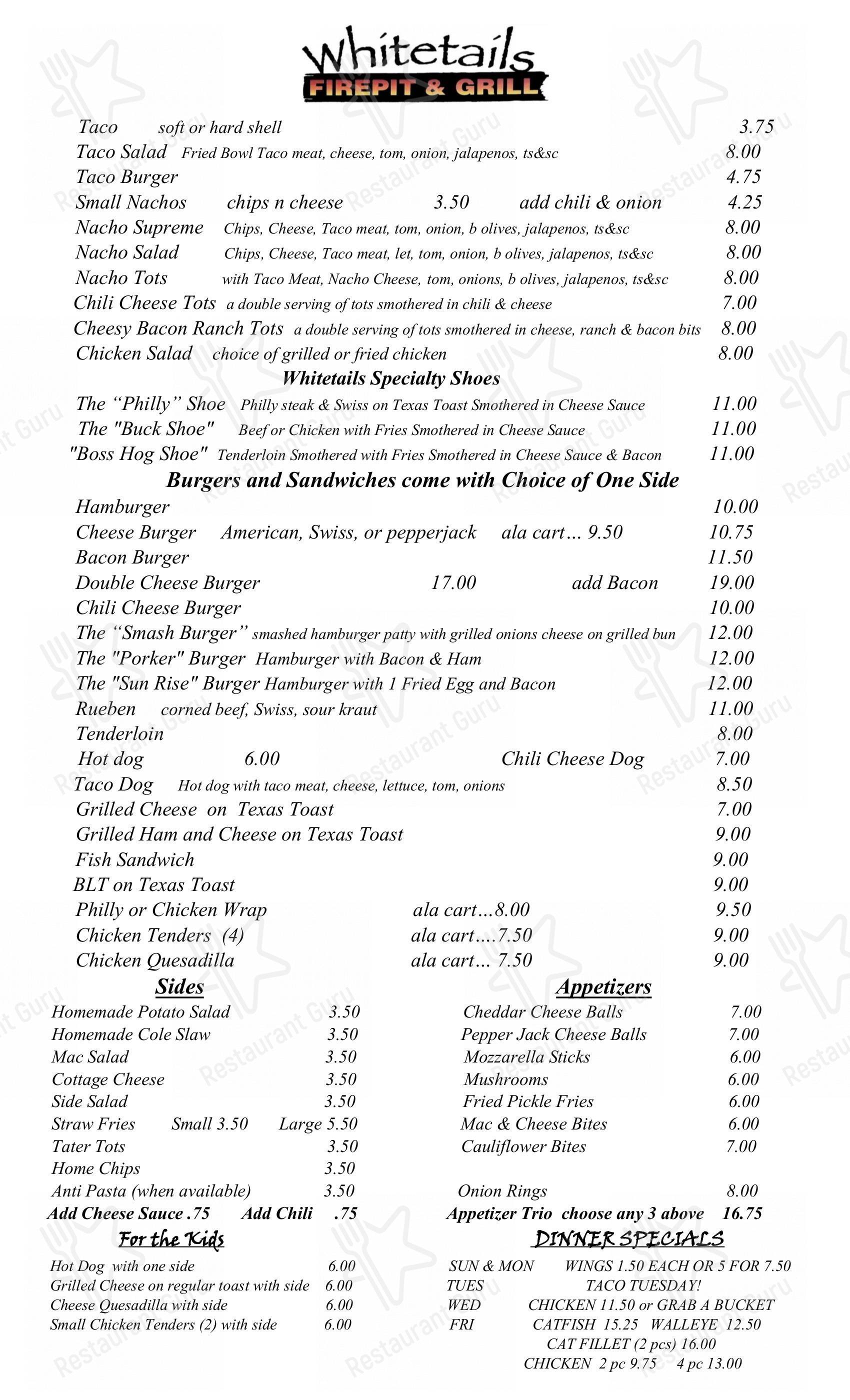 Menu at Whitetails Firepit And Grill pub & bar, Glasford