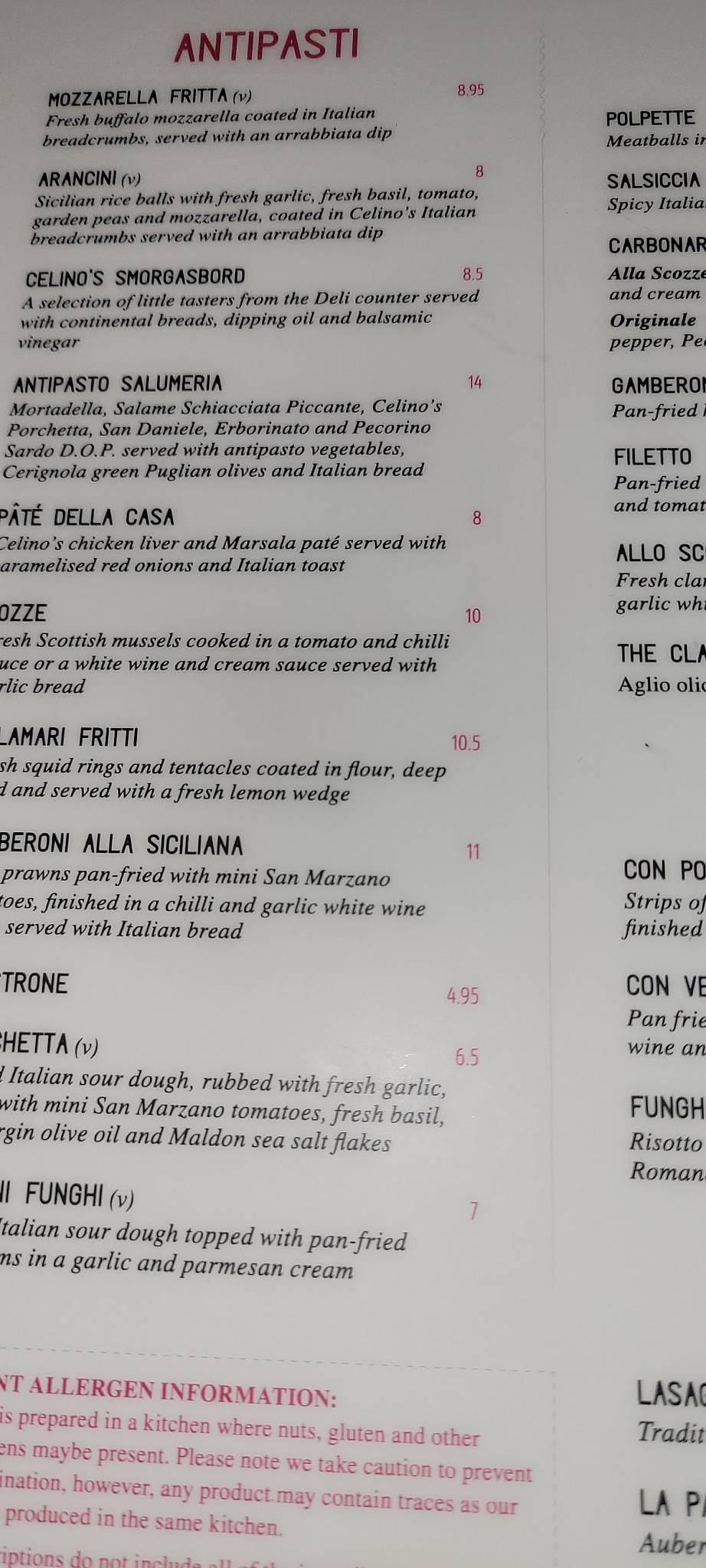 Menu at Celino's pub & bar, Glasgow, 235 Dumbarton Rd