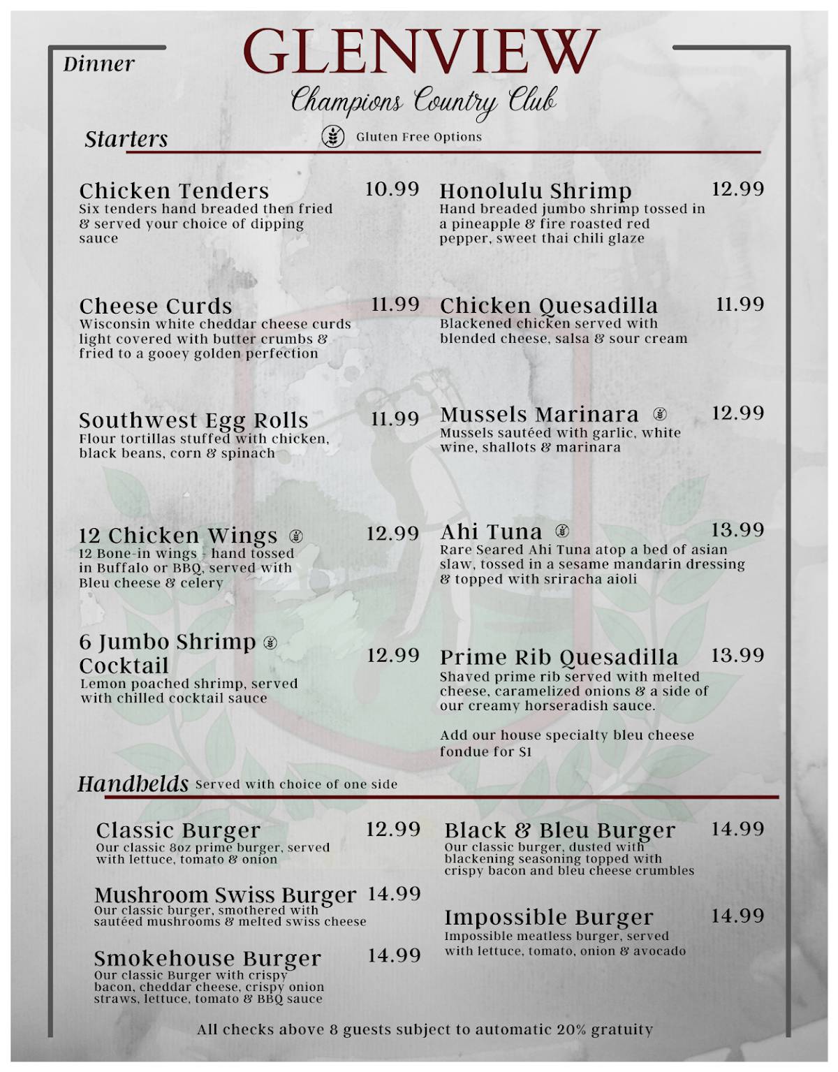 Menu at Glenview Country Club, The Villages
