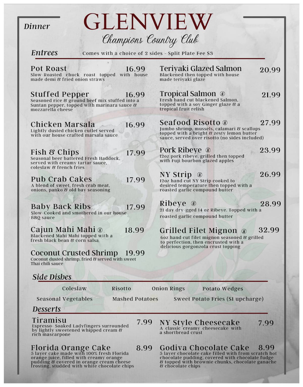 Menu at Glenview Country Club, The Villages