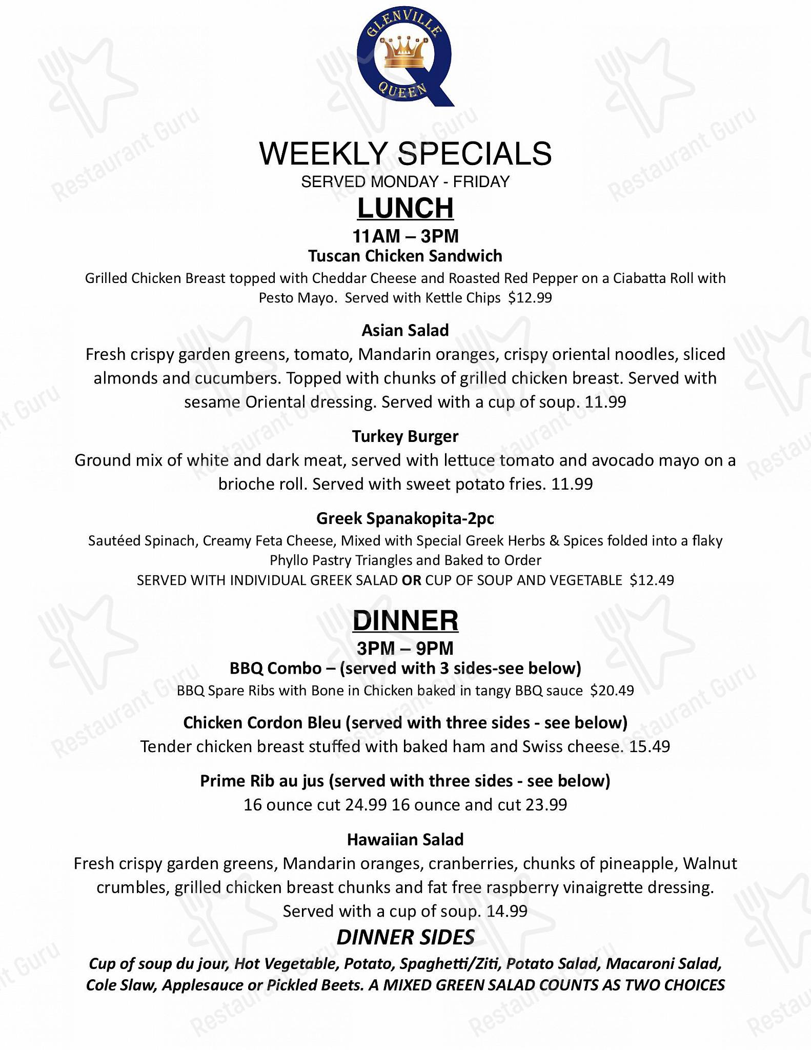 Menu at Glenville Queen Diner restaurant, East Glenville
